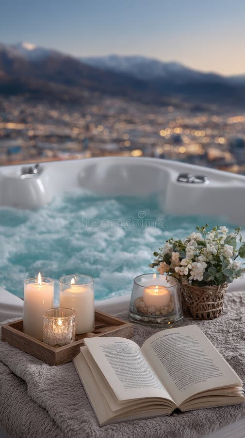 A Serene Bath Setting Features Candles and a Bouquet, Creating a ...