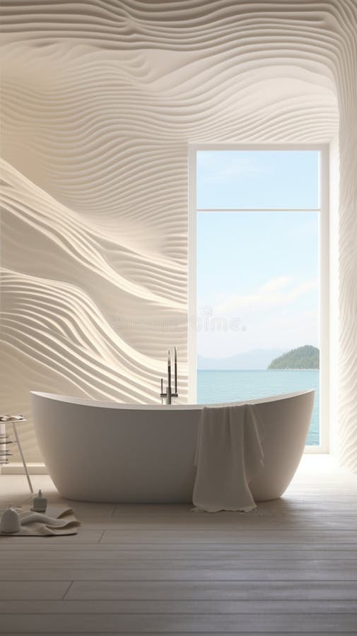 A Serene Bathroom Featuring a 3D Wave Pattern on the Walls, Stock ...