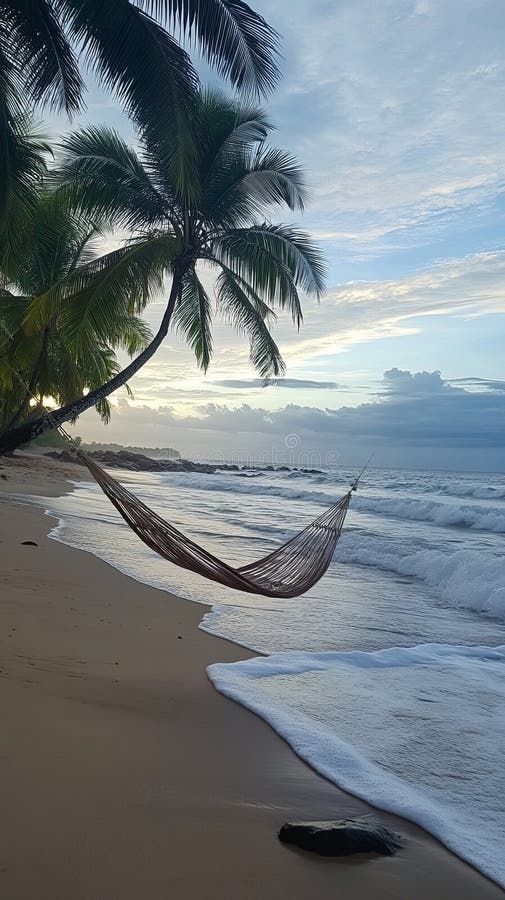 A Serene Beach with Calm Waves and a Hammock Tied between Two Palm Trees Pic Stock Image - Image ...