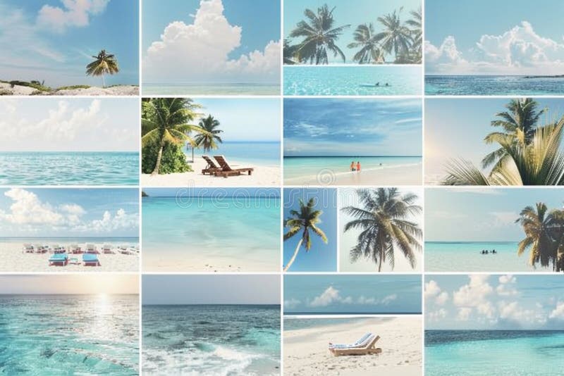 A Serene Beach Collage Featuring Palm Trees, Clear Waters, and Soft ...