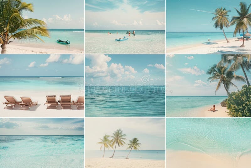 A Serene Beach Collage Showcasing Clear Waters, Palm Trees, and ...