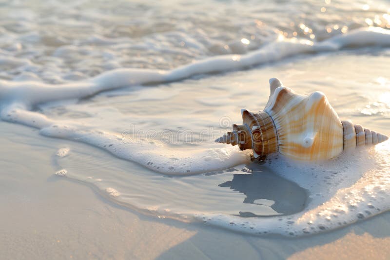 Serene Beach with Conch Shell and Gentle Waves Stock Illustration ...