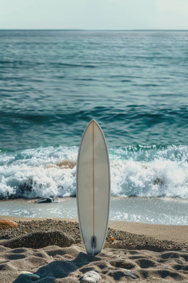 Serene Beach Day with Pristine White Surfboard on Sandy Shore Stock ...