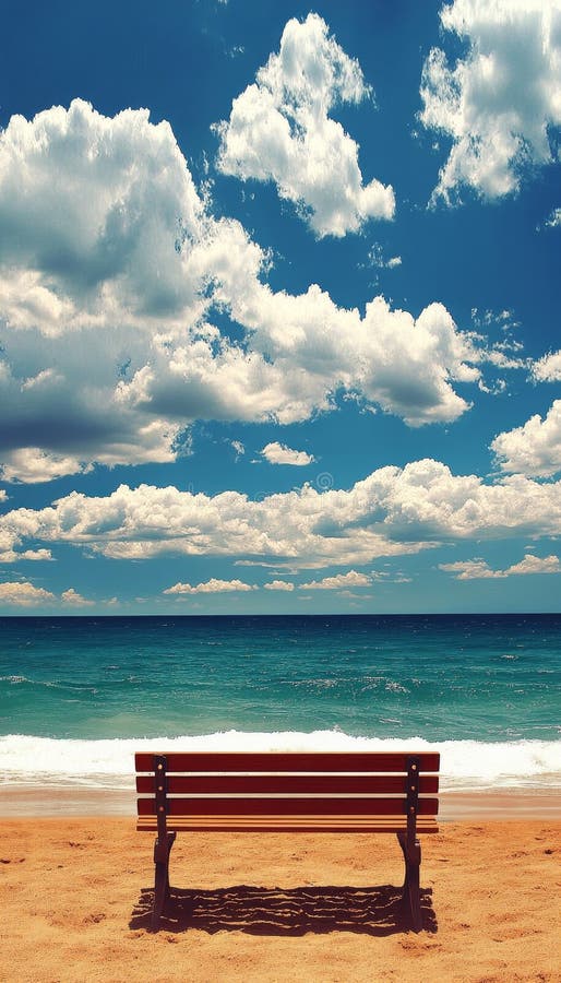 Serene Beach Escape Inviting Empty Bench with Azure Ocean and ...
