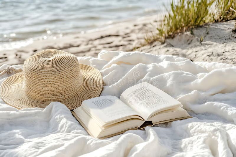 Serene Beach Flat Lay: White Linen Blanket, Open Book, and Straw Hat in ...