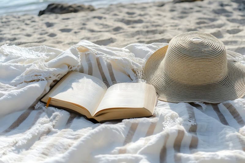 Serene Beach Flat Lay: White Linen Blanket, Open Book, and Straw Hat in ...