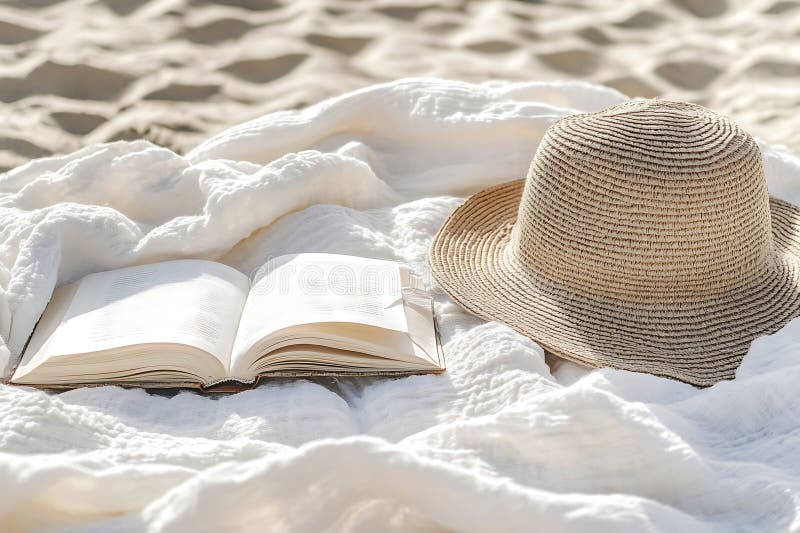 Serene Beach Flat Lay: White Linen Blanket, Open Book, and Straw Hat in ...