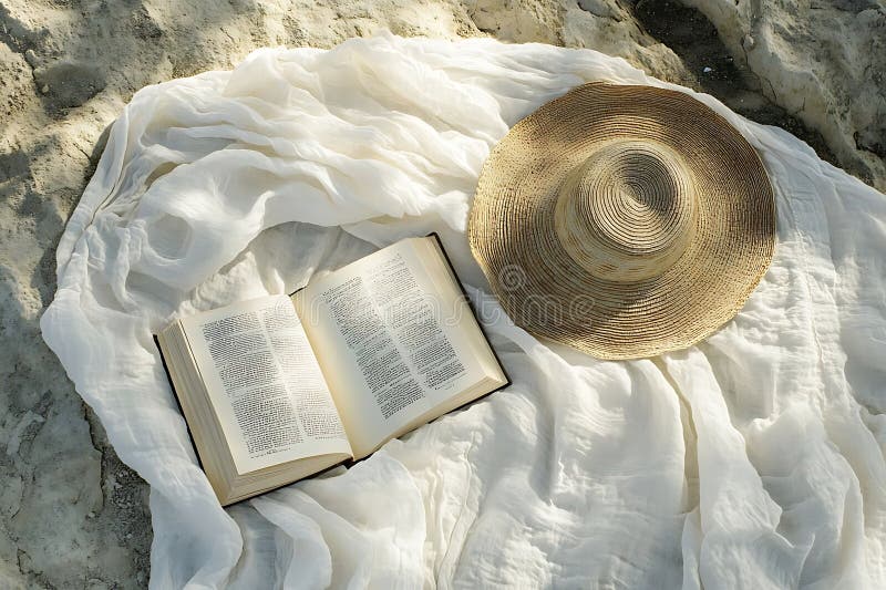 Serene Beach Flat Lay: White Linen Blanket, Open Book, and Straw Hat in ...
