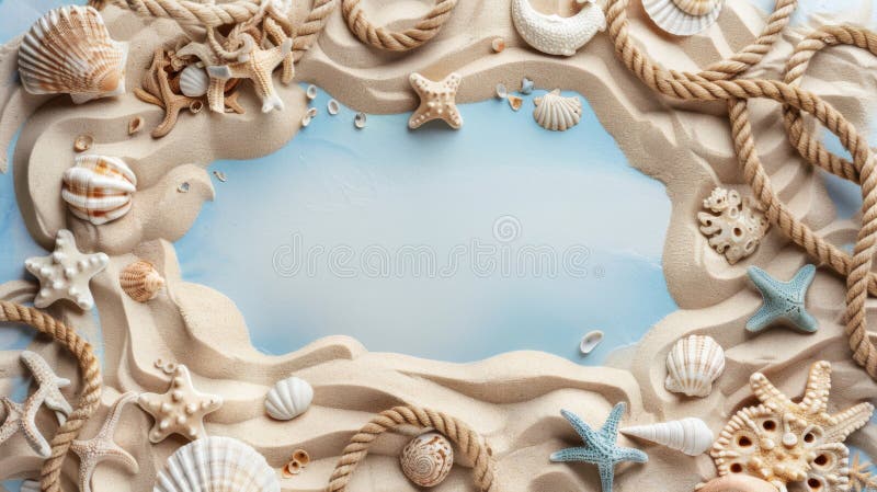 Serene Beach Frame with Shells and Starfish on Sandy Background. Stock ...