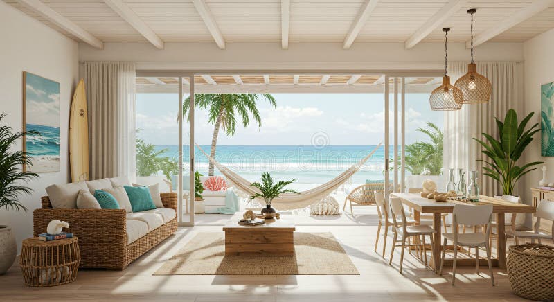 Serene Beach House Interior with a View of the Ocean Stock Illustration ...