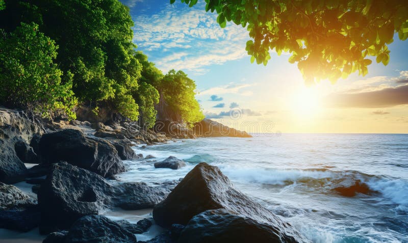 Serene Beach Landscape at Sunset with Rocky Shore and Lush Greenery ...