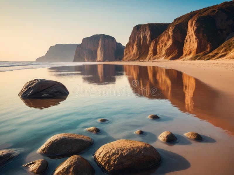 Serene Beach Landscape with Towering Cliffs Reflections. Stock Photo ...