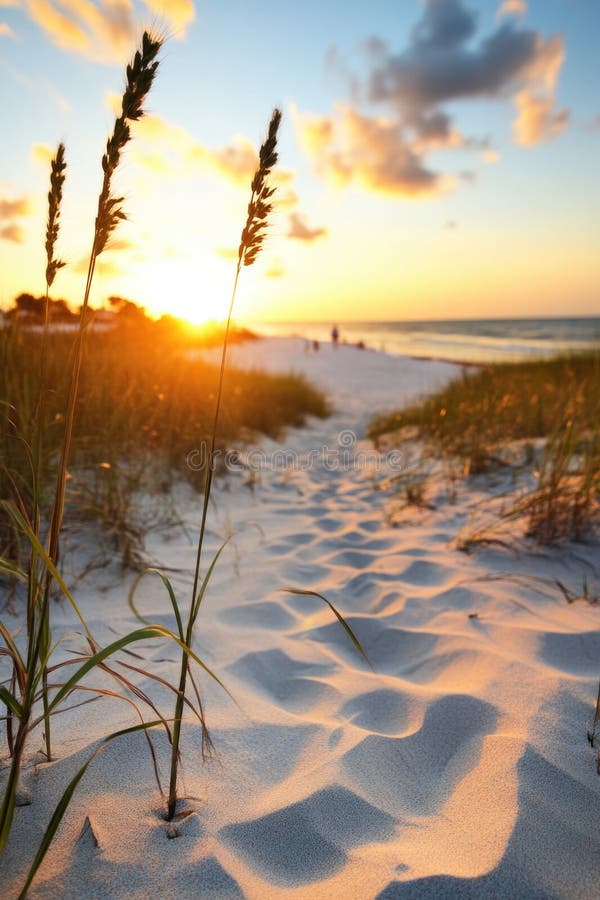 Serene Beach Path at Sunset with Grasses and Ocean Horizon Stock Image ...