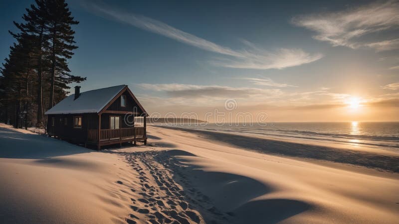Secluded Wooden Cabin on a Sandy Beach at Sunset Stock Illustration ...