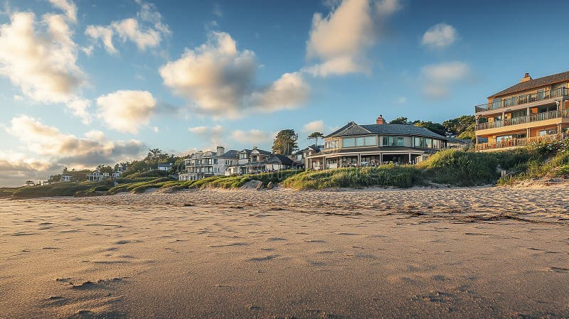 A Serene Beach Scene with Coastal Homes Under a Cloudy Sky at Sunset ...