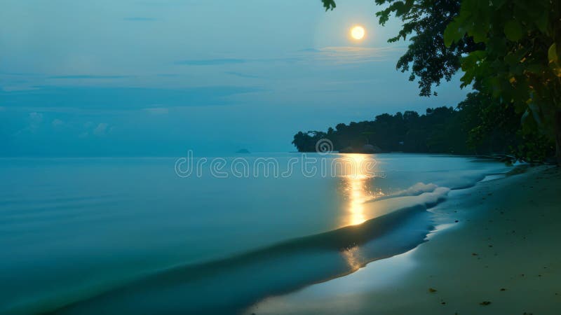 A Serene Beach Scene at Dusk with the Moon Casting a Radiant Glow on ...