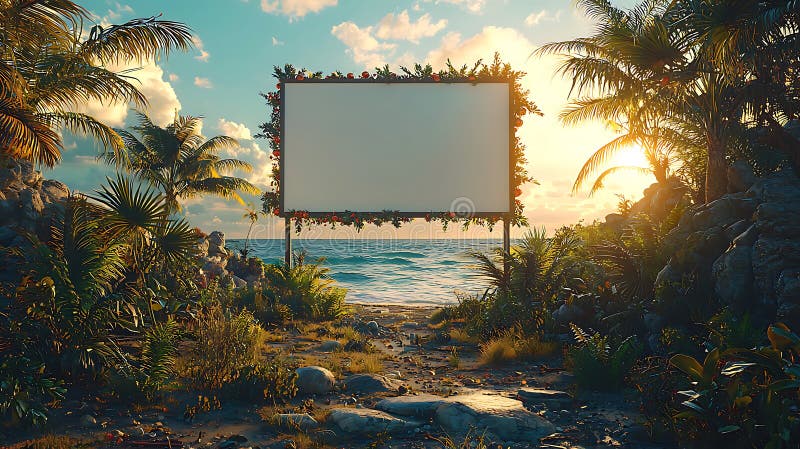Serene Beach Scene Featuring Blank Billboard Surrounded by Lush ...
