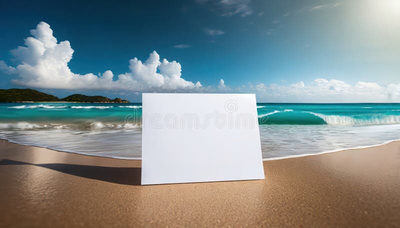 A Serene Beach Scene Featuring a Blank White Rectangular Sign, Set ...