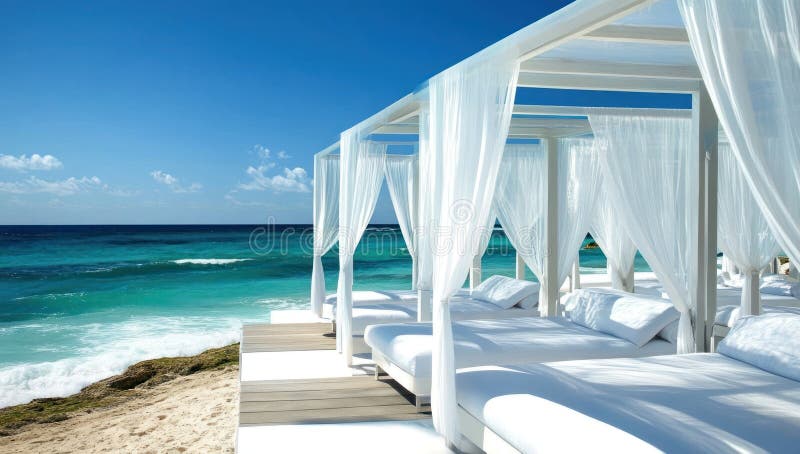 A Serene Beach Scene Featuring Elegant Cabanas by the Ocean Stock ...