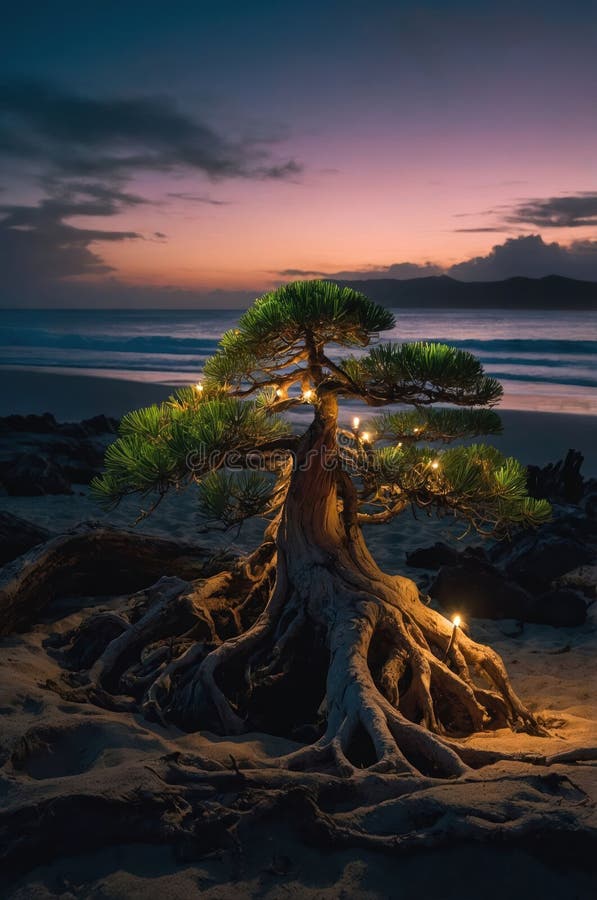 Luminous Bonsai Tree on Sandy Beach at Sunset Stock Illustration ...
