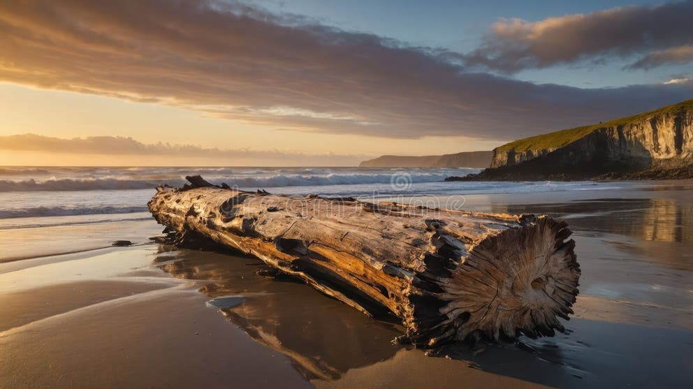 Golden Sunset on the Beach with Driftwood Log Stock Illustration - Illustration of wood ...