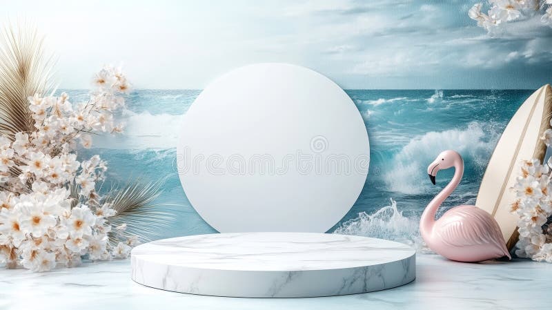 A Serene Beach Scene Featuring a Minimalistic Display Platform with ...