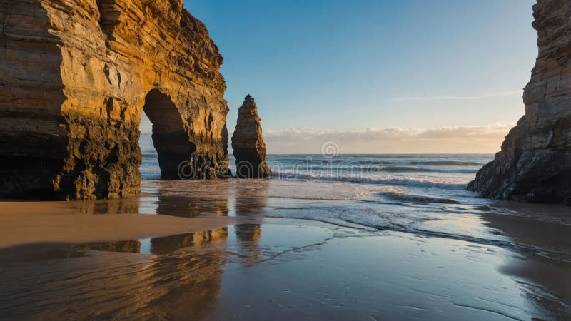 Golden Hour Coastal Arch Reflections: Serene Beachscape Stock ...