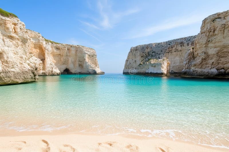 Serene Beach Scene Featuring Sand Water Cliff Backdrop Stock Photos ...
