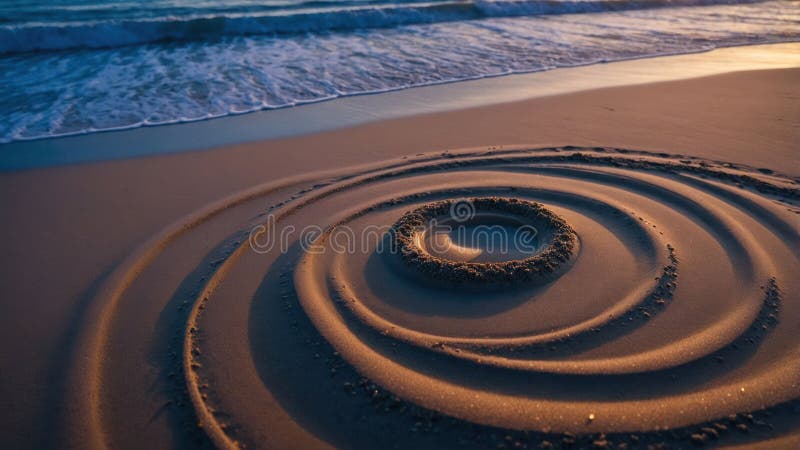 Serene Beach Sunset: Concentric Circles in Golden Sand Stock ...
