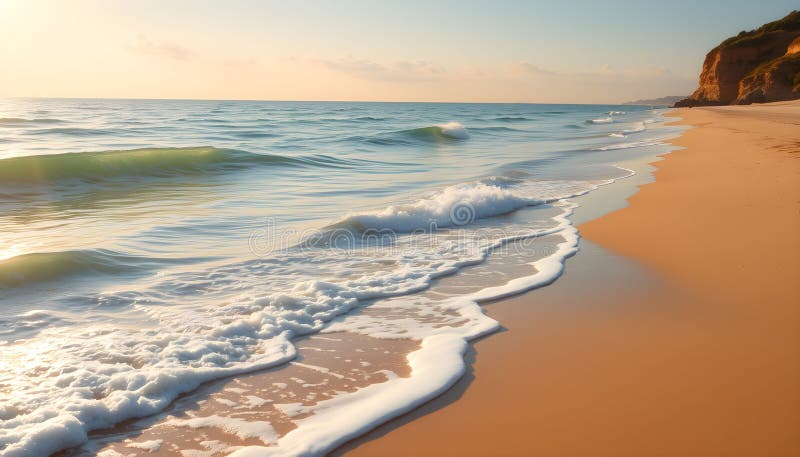 Golden Beach at Sunset, Waves Gently Rolling in on Shore Stock ...