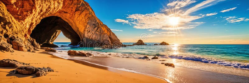Sunset Behind Rock Formation on Beach Stock Illustration - Illustration ...