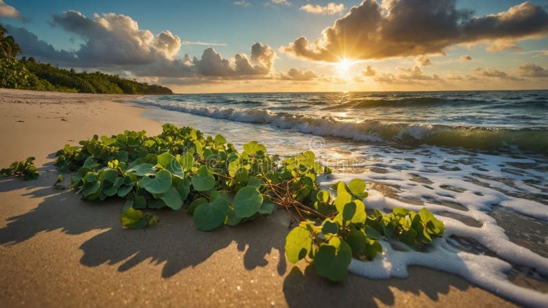 Golden Hour Beach Scene: Lush Green Vines on Sandy Shore with Ocean ...