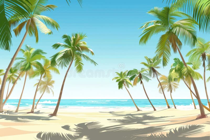 Serene Beach Scene with Palm Trees and Mountains in a Simple Flat ...