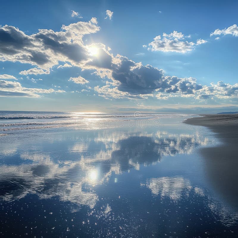 Serene Beach Scene with Reflective Water and Clouds Stock Illustration ...