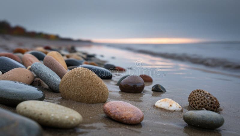 A Serene Beach Scene with a Row of Colorful Rocks Along the Shoreline ...