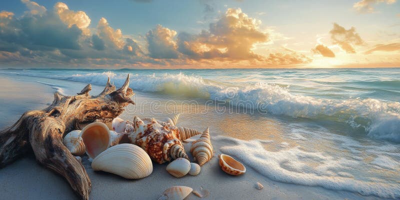 A Serene Beach Scene with Shells and Driftwood, Where Time Flows Like ...