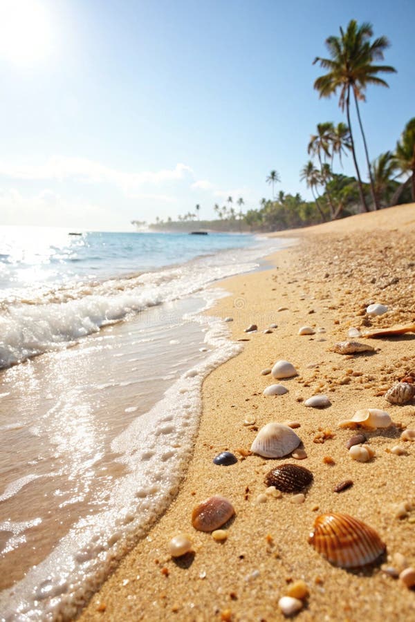 Shells on Sunny Beach with Tropical Background Stock Illustration ...