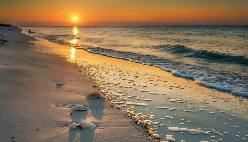 Serene Beach Scene with Sun Setting Over Ocean, Seashells Scattered ...