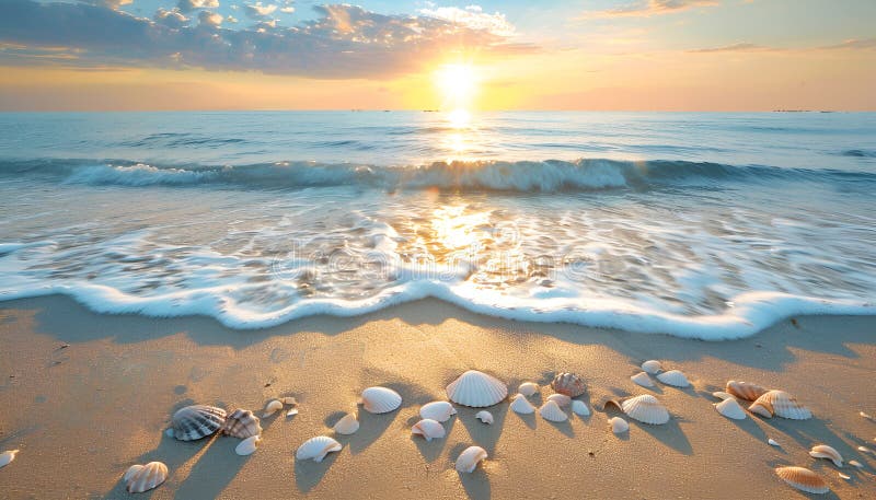 Serene Beach Scene with Sun Setting Over Ocean, Seashells Scattered ...