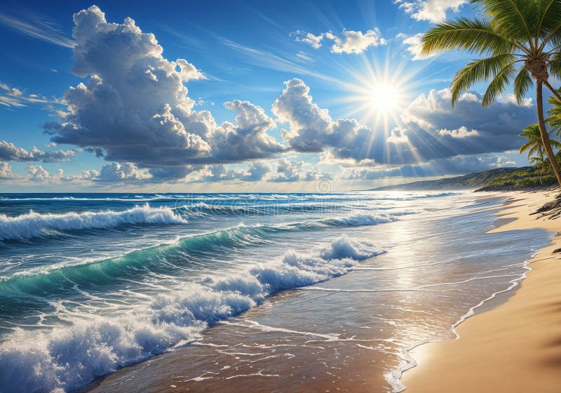 Sun Shining on Beach with Palm Trees Stock Illustration - Illustration ...