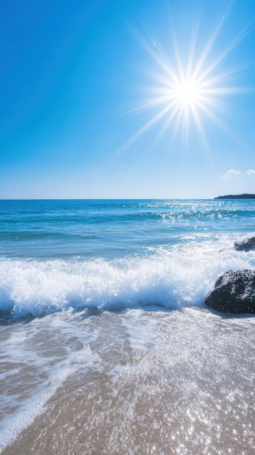 Serene Beach Scene with Sun Shining Over Gentle Ocean Waves Stock ...