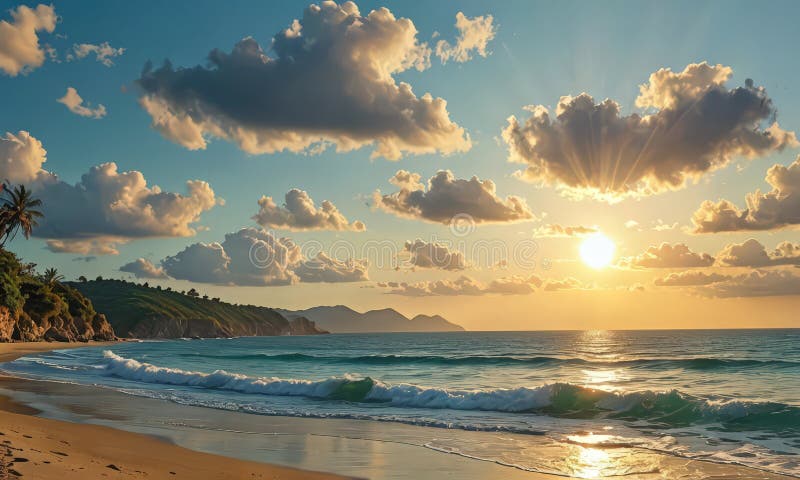 Beach with Sun Setting Behind the Clouds Stock Illustration - Illustration of cloud, sunset ...