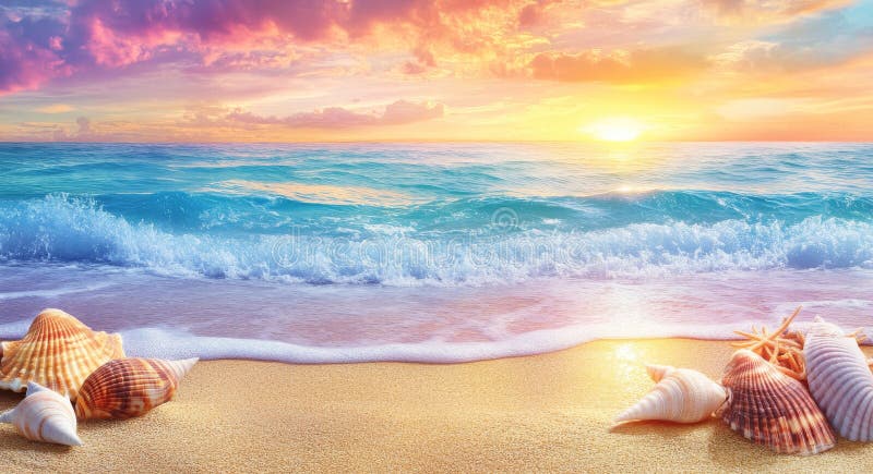 A Serene Beach Scene at Sunset, Complete with Shells and a Vibrant Sky ...