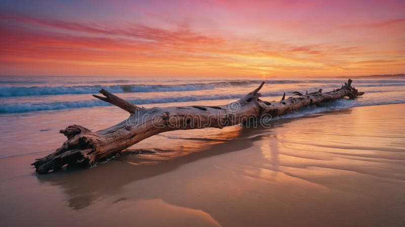 Stunning Sunrise Beachscape with Driftwood Log Stock Illustration ...