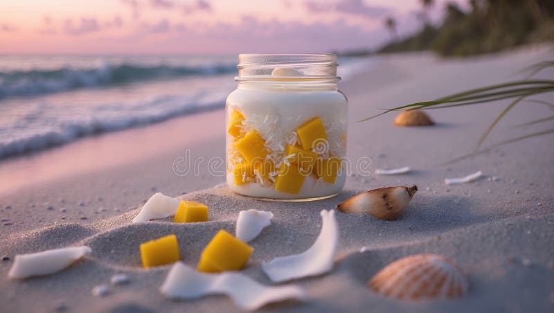 Tropical Mango Coconut Yogurt Parfait on Beach at Sunset Stock ...