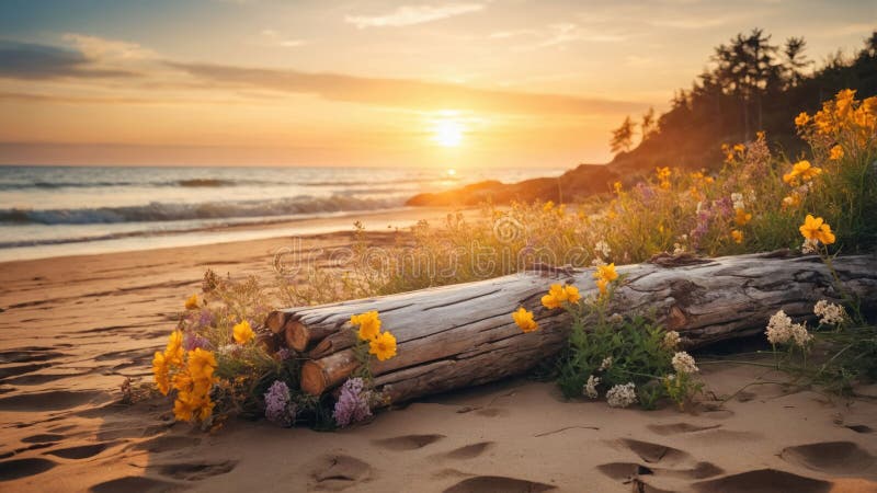 Sunset Beach Log with Wildflowers Stock Illustration - Illustration of ...