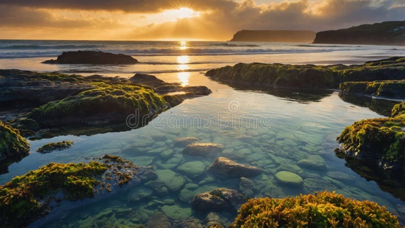Serene Sunset Over Coastal Rock Pools with Crystal Clear Water Stock ...