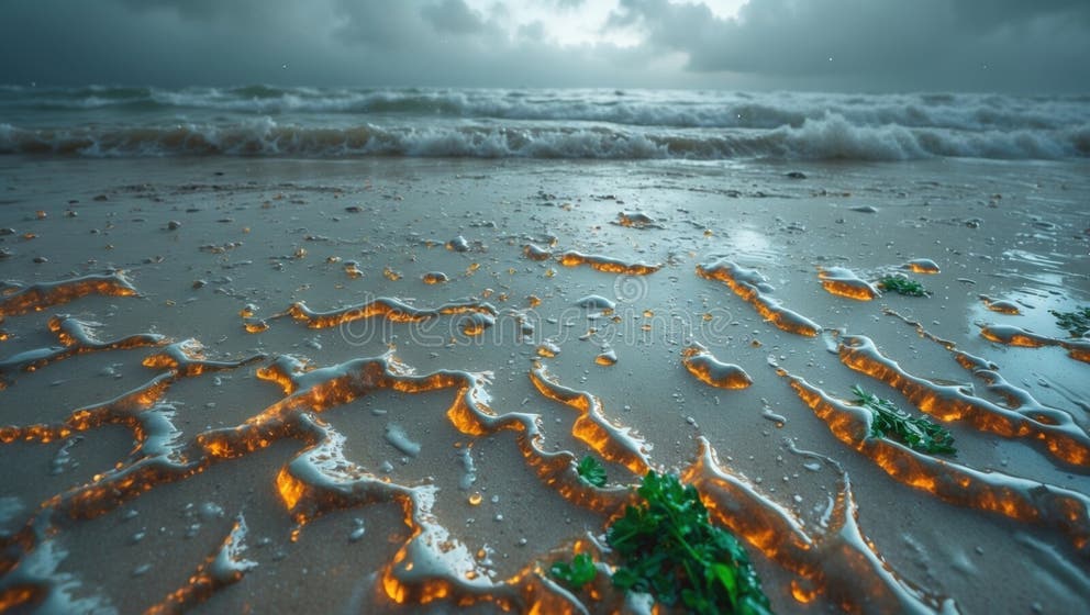 Glowing Golden Seaweed Patterns on Wet Sand Beach at Sunset Stock ...