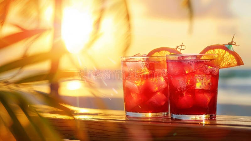 Serene Beach Serves As Backdrop for Tropical Sunset Drinks Stock ...