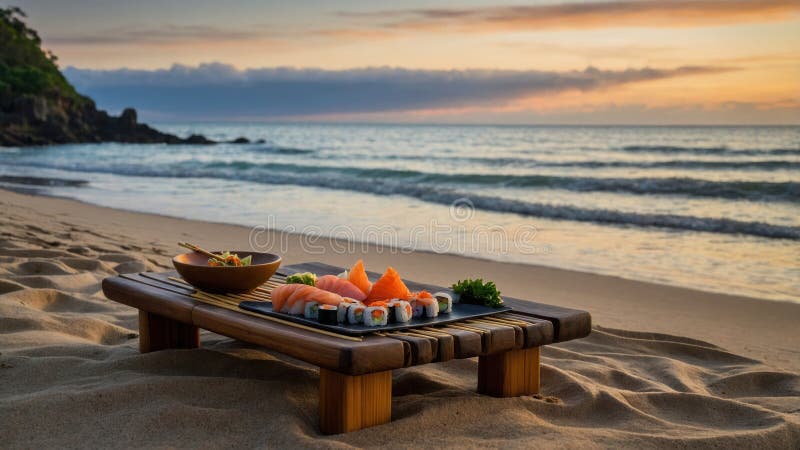 Romantic Sushi Dinner on Tropical Beach at Sunset Stock Illustration ...